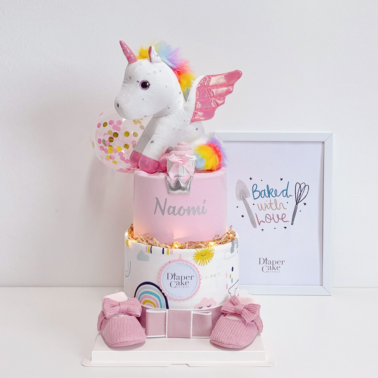 Premium Personalised Rainbow Unicorn Diaper Cake | Personalised Baby ...